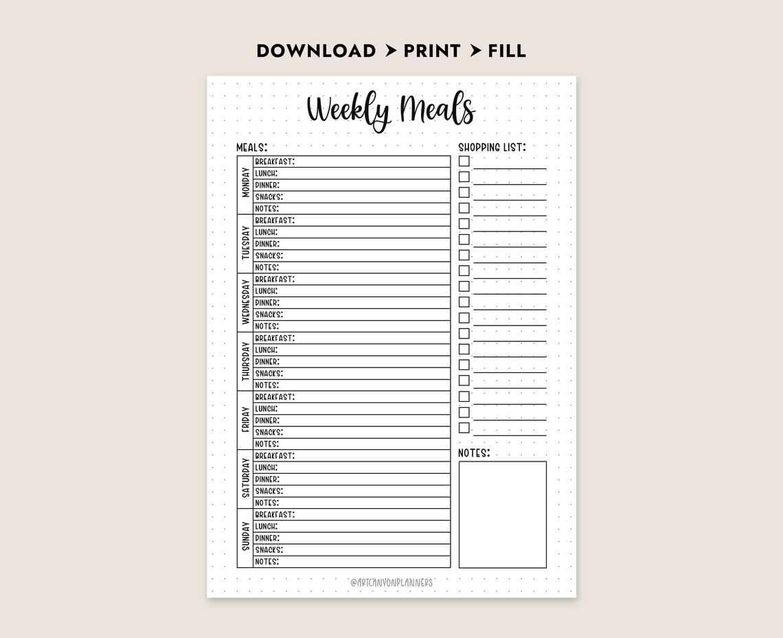 Weekly Meals Planner Printable A4 A5 Letter Journal Size Meal Plan ...