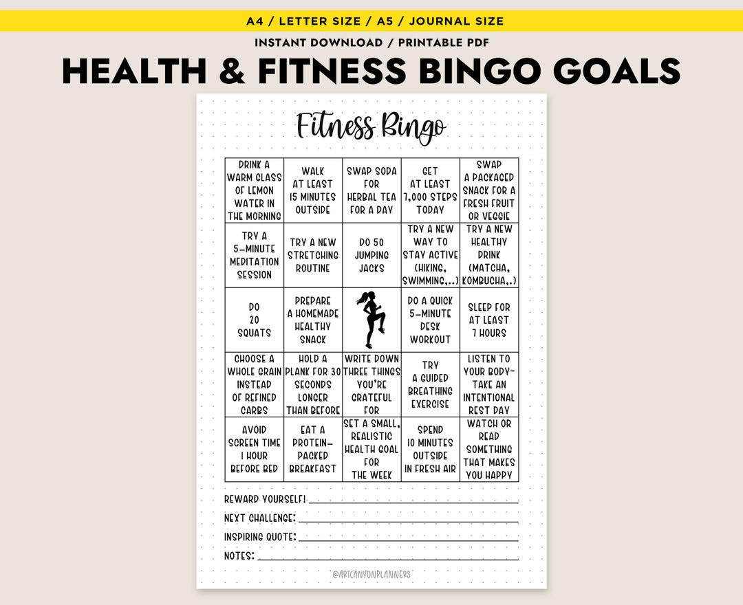 Health & Fitness Bingo Goals Tracker Digital Fitness Workout Exercises ...