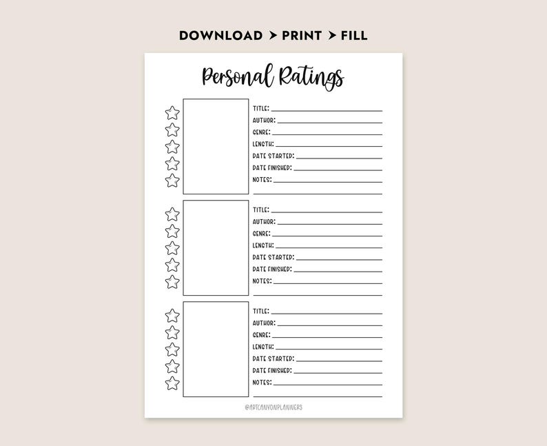 Personal Ratings Printable Book Journal Page Reading Tracker Bookworm ...
