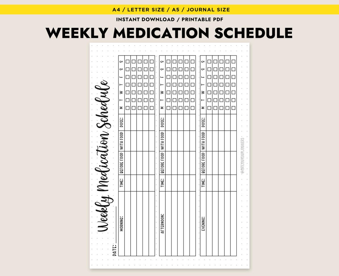 Printable Weekly Medication Schedule Planner Tracker Log A4 A5 Letter ...