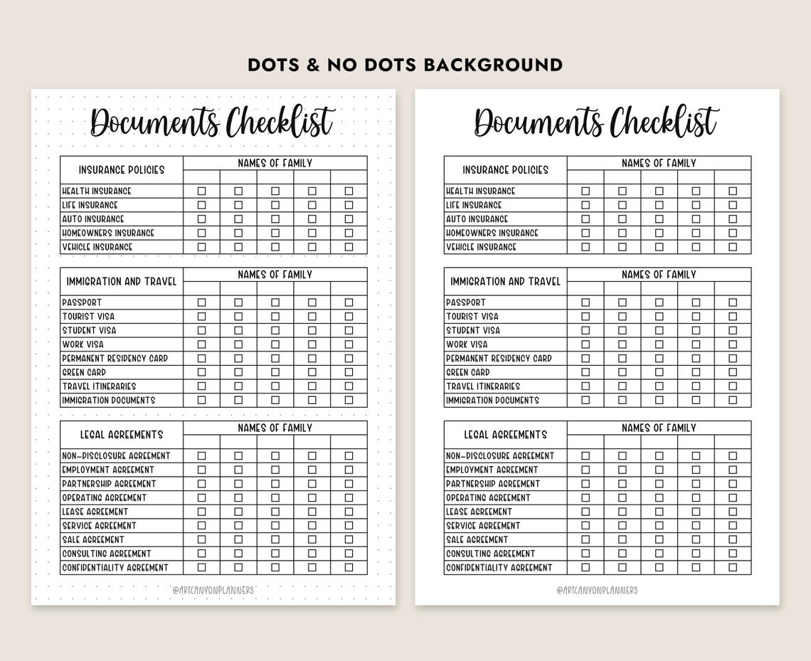Printable Documents Checklist Family Organizer Important Papers Log ...