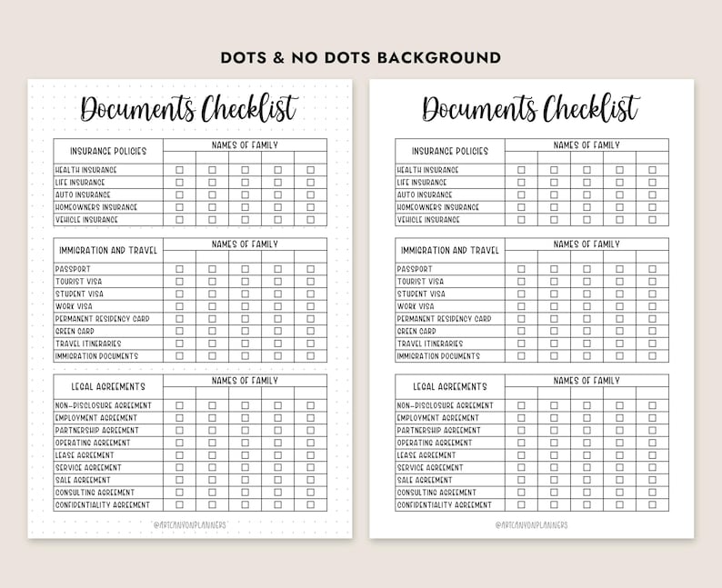 Printable Documents Checklist Family Organizer Important Papers Log ...
