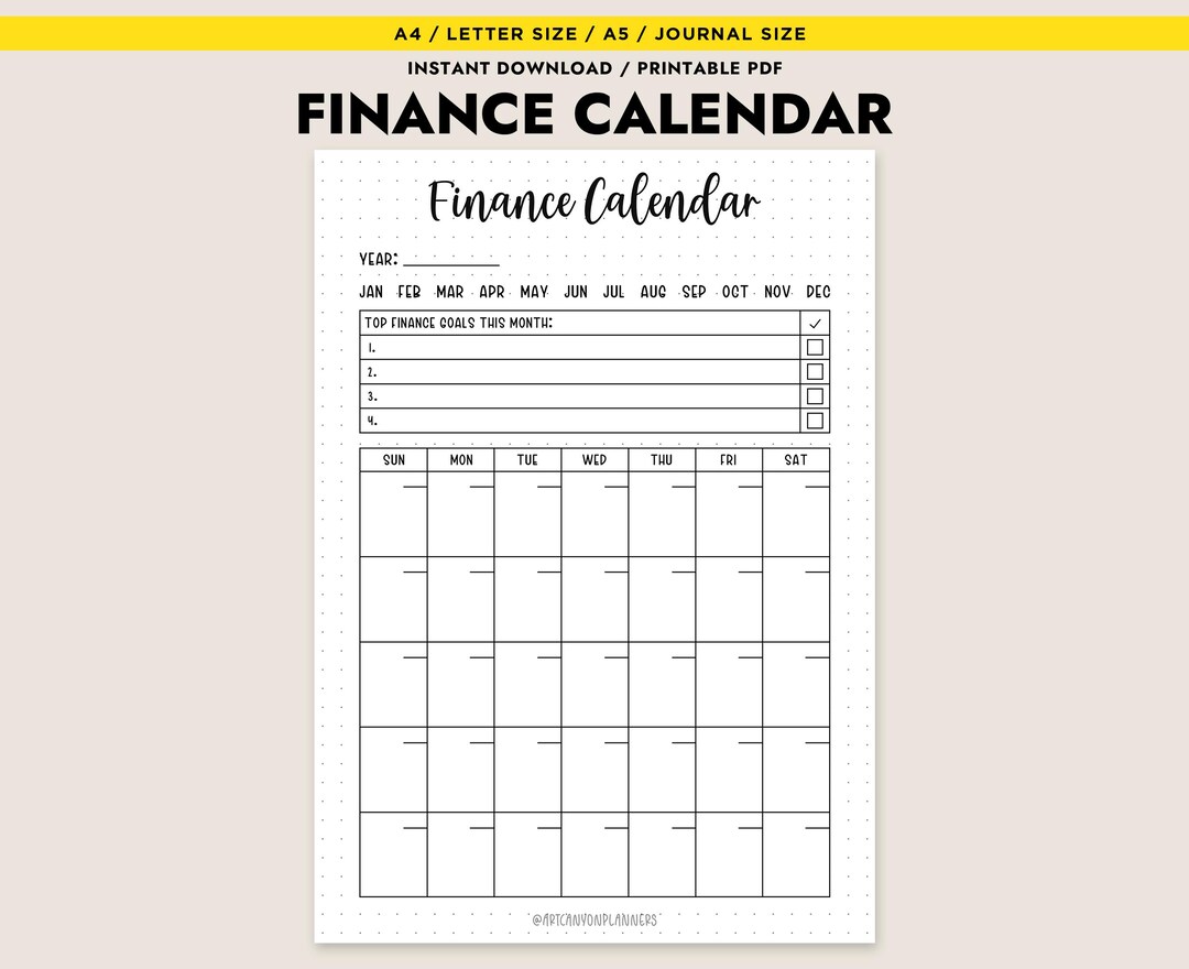 Printable Finance Calendar PDF Monthly Budget Planner Financial Goal ...