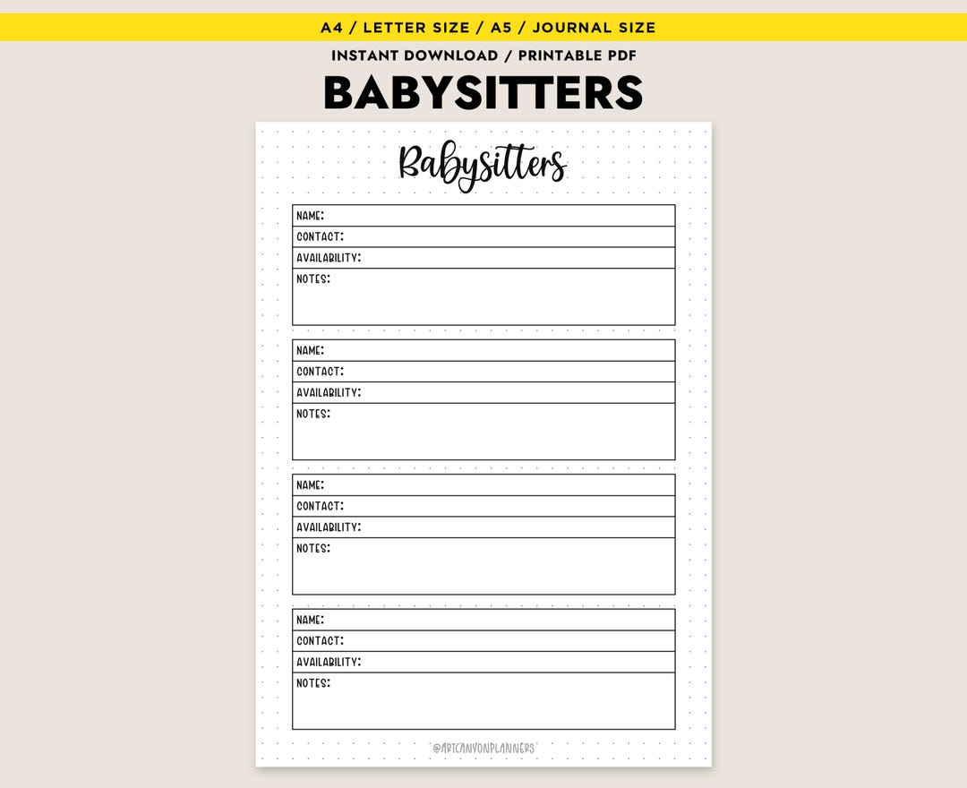 Babysitters Contact List Printable Instant Download Babysitter ...