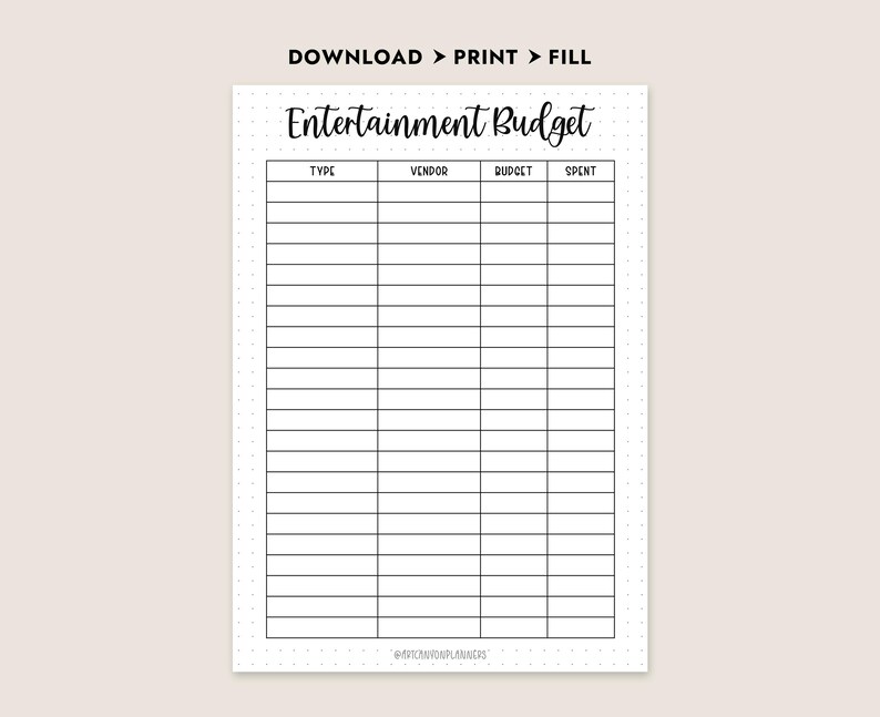 Entertainment Budget Printable A4 Letter A5 Journal Size Instant ...