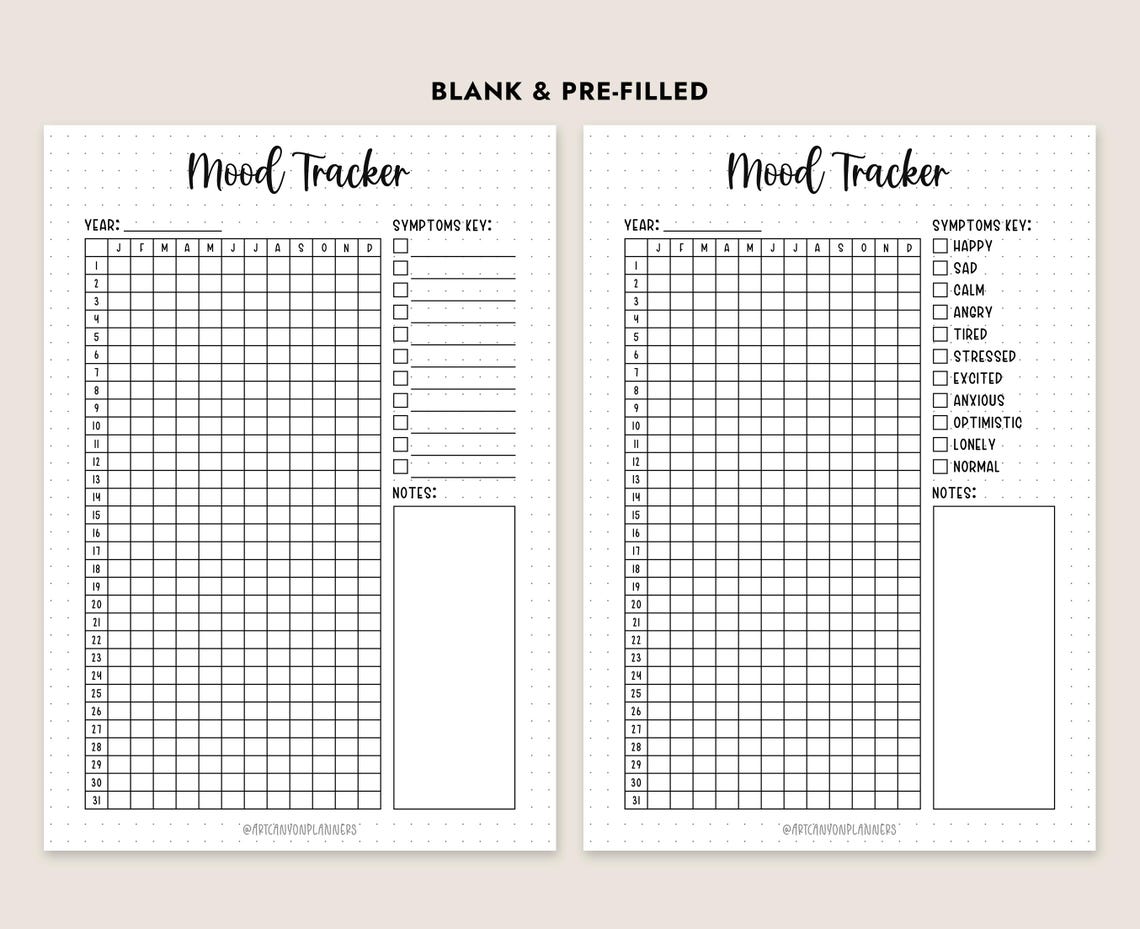 Yearly Mood Tracker Printable Daily Emotion Log Mental Health Journal ...