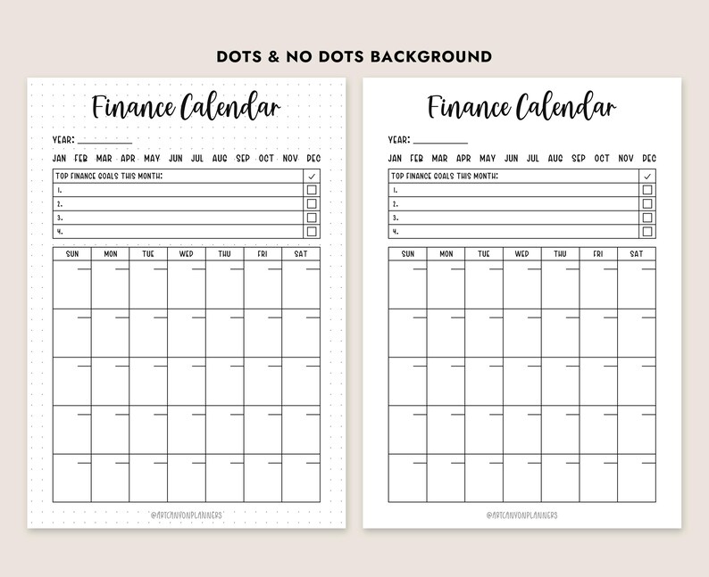 Printable Finance Calendar PDF Monthly Budget Planner Financial Goal ...