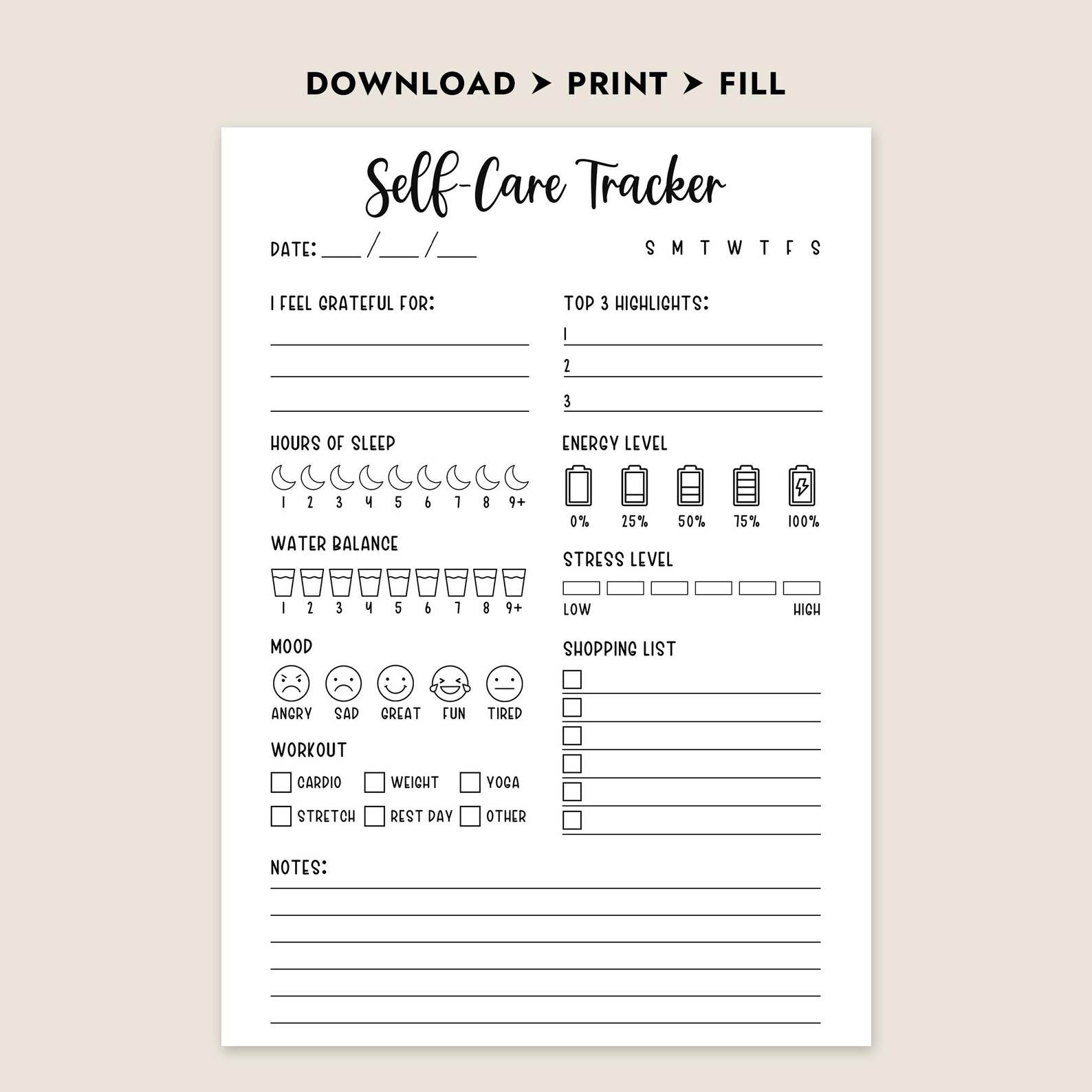 Daily Self Care Tracker Printable Journal Page Health Tracker Water Log ...