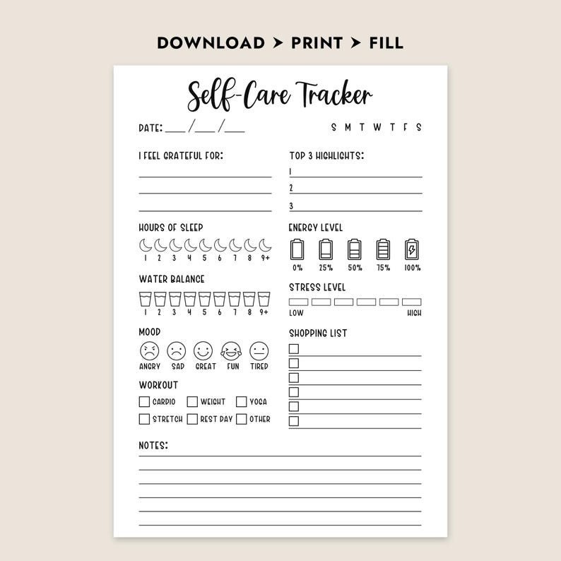 Daily Self Care Tracker Printable Journal Page Health Tracker Water Log ...