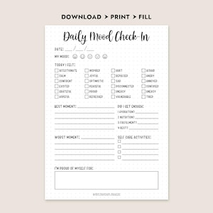 Daily Mood Check in Printable Feelings Journal Mental Health Log Self ...