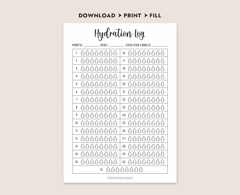 Hydration Log Printable Water Tracker Monthly Wellness A4 A5 Letter PDF ...