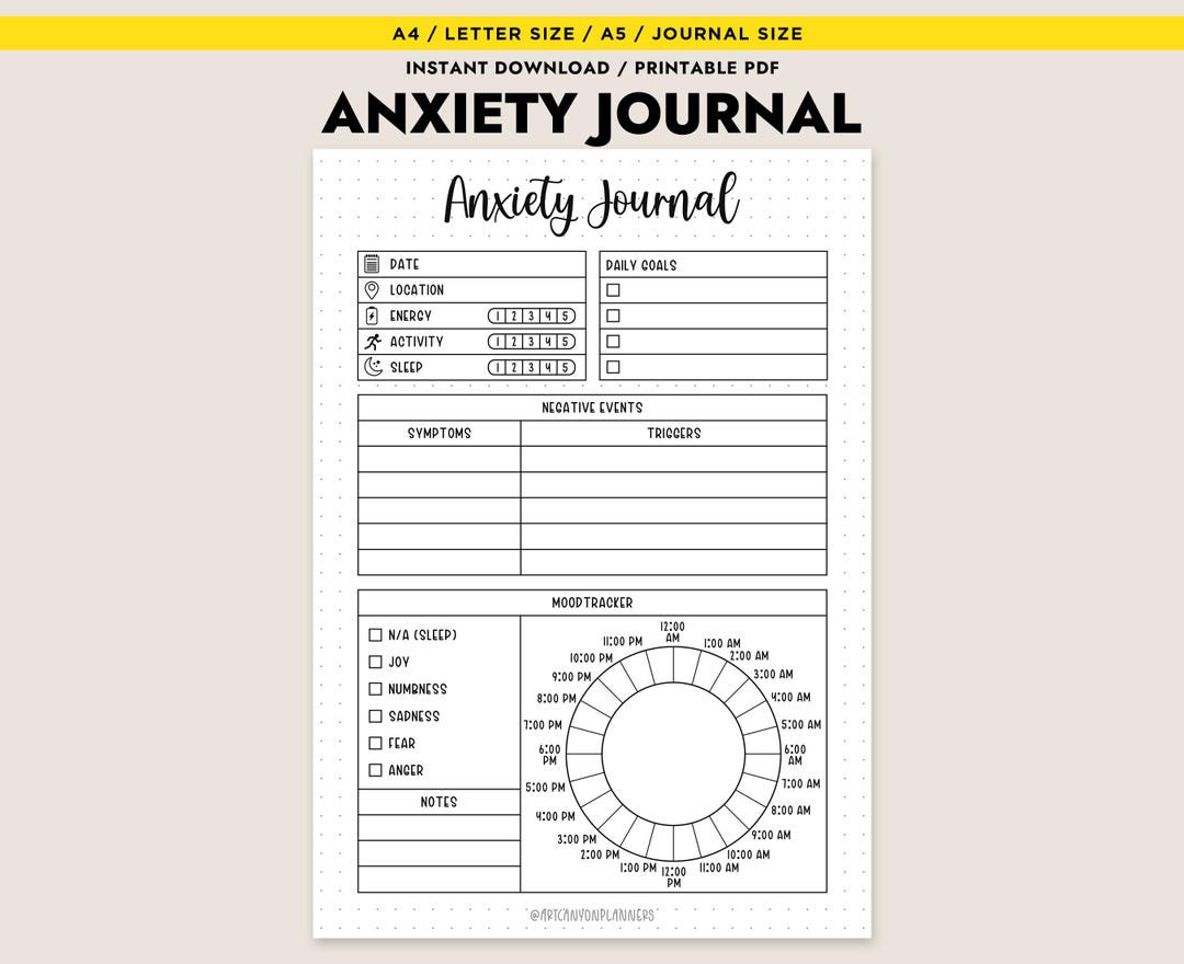 Anxiety Journal Printable Daily Mood Tracker Mental Health Log Therapy ...