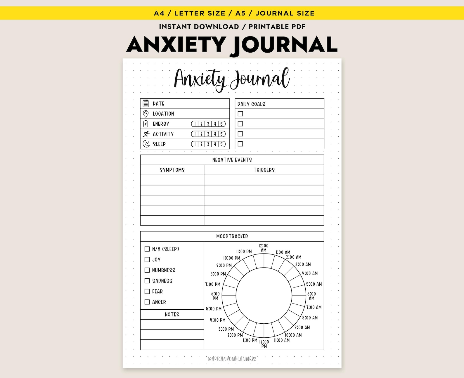 Anxiety Journal Printable Daily Mood Tracker Mental Health Log Therapy ...