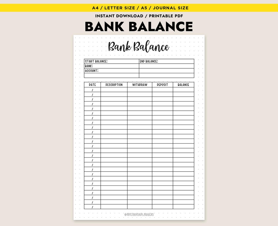 Printable Bank Balance Tracker Account Register Log A4/a5/letter PDF - Etsy