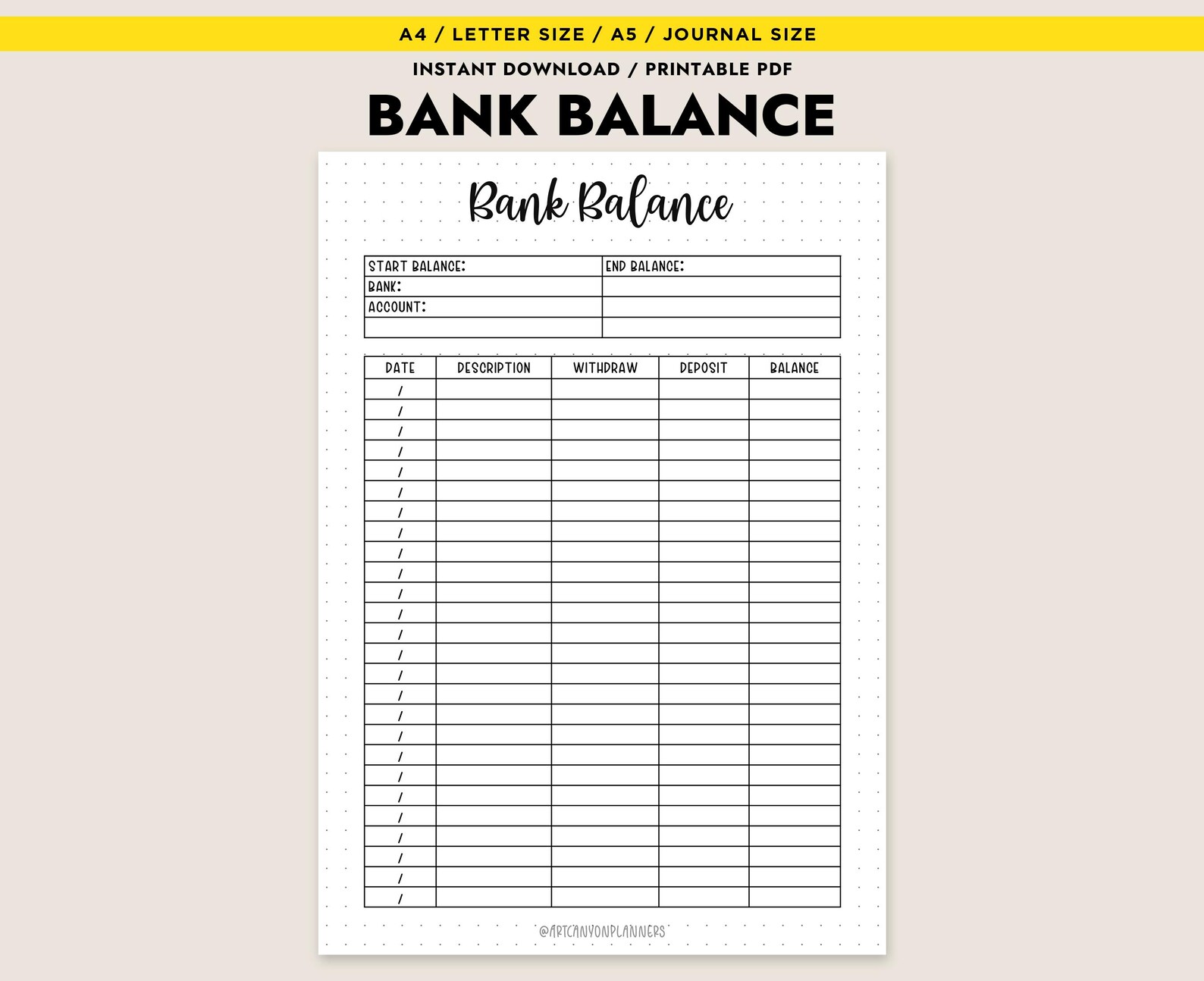 Printable Bank Balance Tracker Account Register Log A4/a5/letter PDF - Etsy