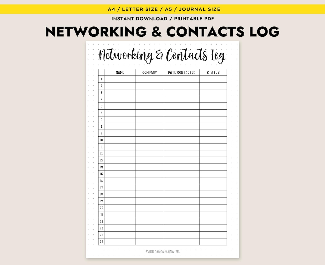 Networking & Contacts Log Printable Instant Download A4 A5 Letter ...