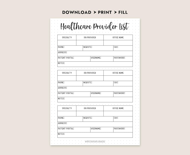 Printable Healthcare Provider List Medical Contacts Organizer Doctor ...