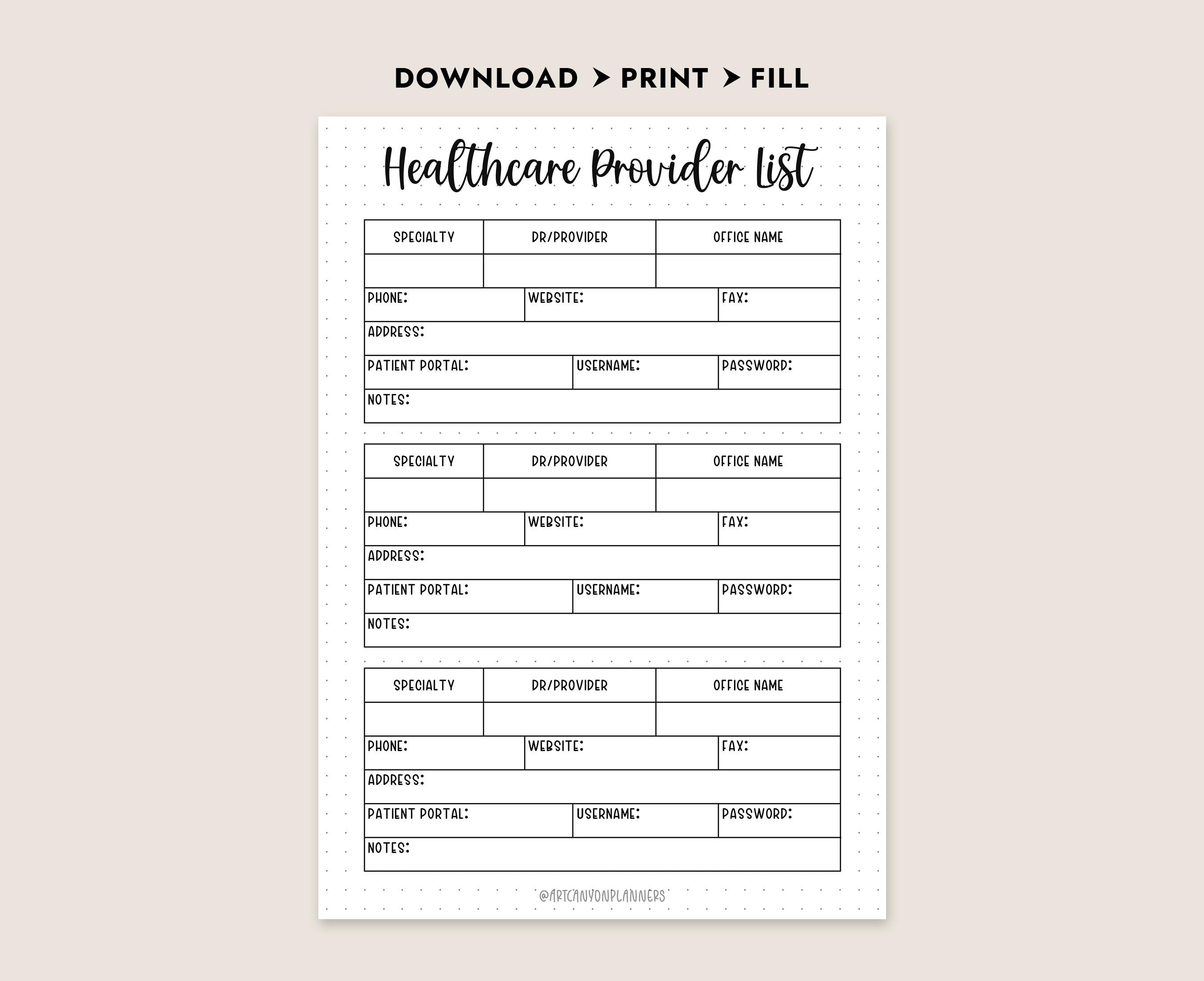 Printable Healthcare Provider List Medical Contacts Organizer Doctor ...