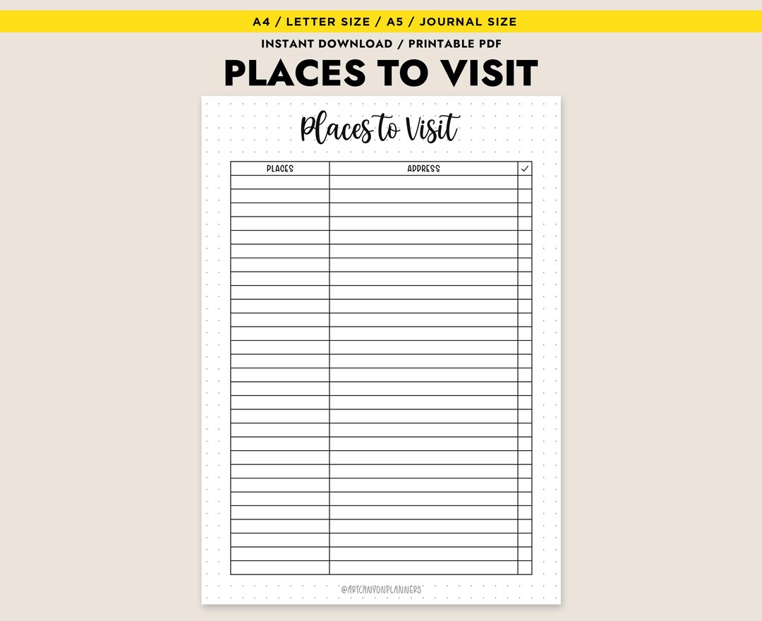 Printable Places to Visit List Travel Planner Sightseeing Log Instant ...