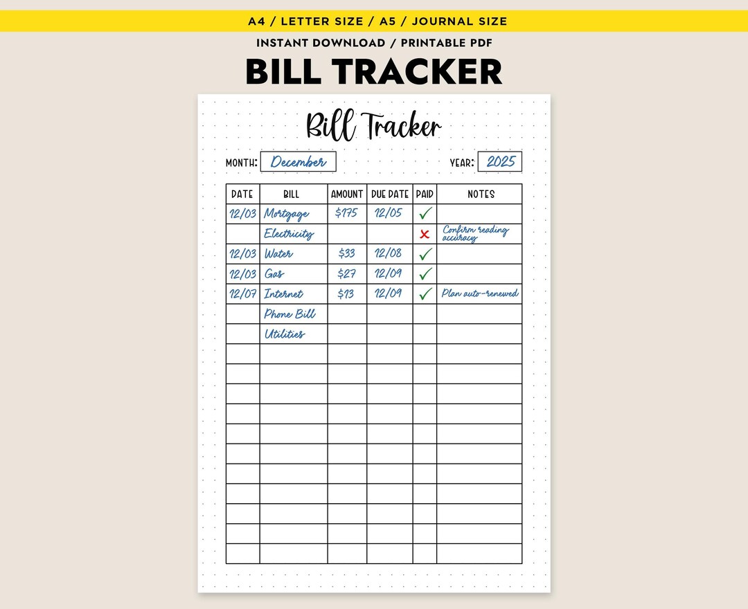 Bill Tracker Printable Journal Page Planner Expense Tracker Monthly ...