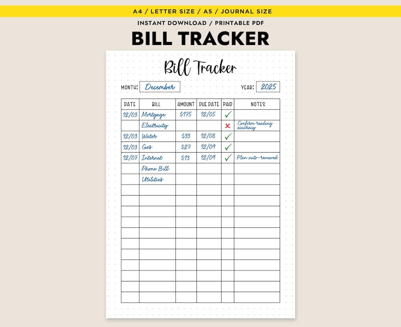 Bill Tracker Printable Journal Page Planner Expense Tracker Monthly ...