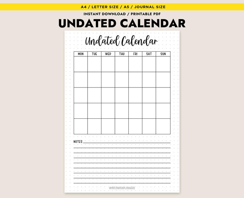 Buy Undated Calendar Printable PDF Instant Download A4 Letter A5 ...