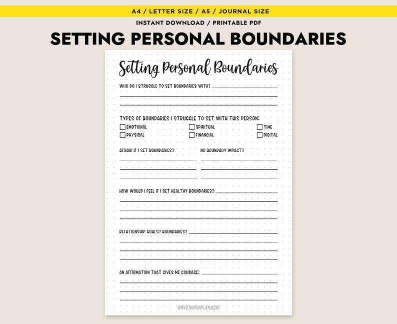 Setting Personal Boundaries Worksheet Self Care Journal Insert Mental ...