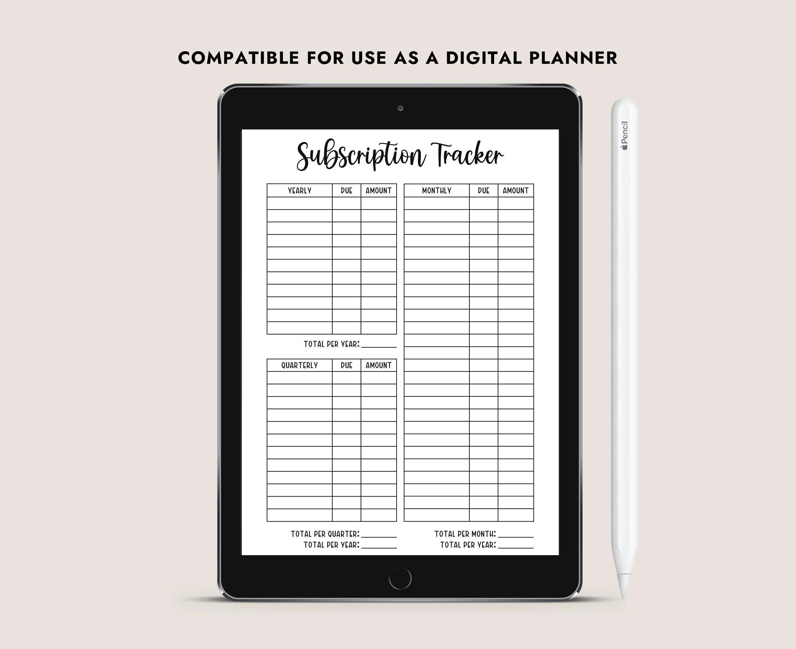 Printable Subscription Tracker A4 Letter A5 Recurring Bill Log Budget ...