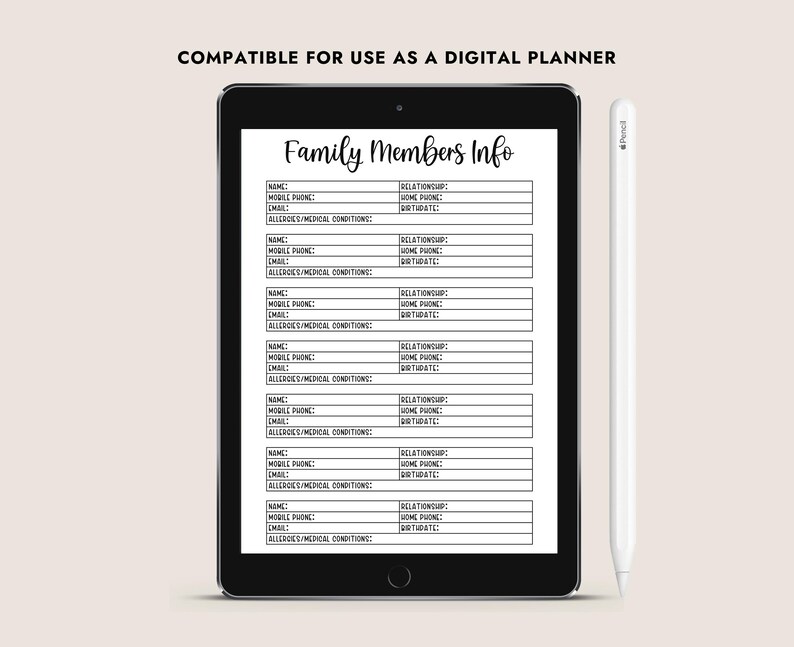 Family Members Info Printable Planner Insert Contact List PDF A4 A5 ...