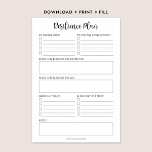 Resilience Plan Printable Mental Health Worksheet Self Care Planner ...