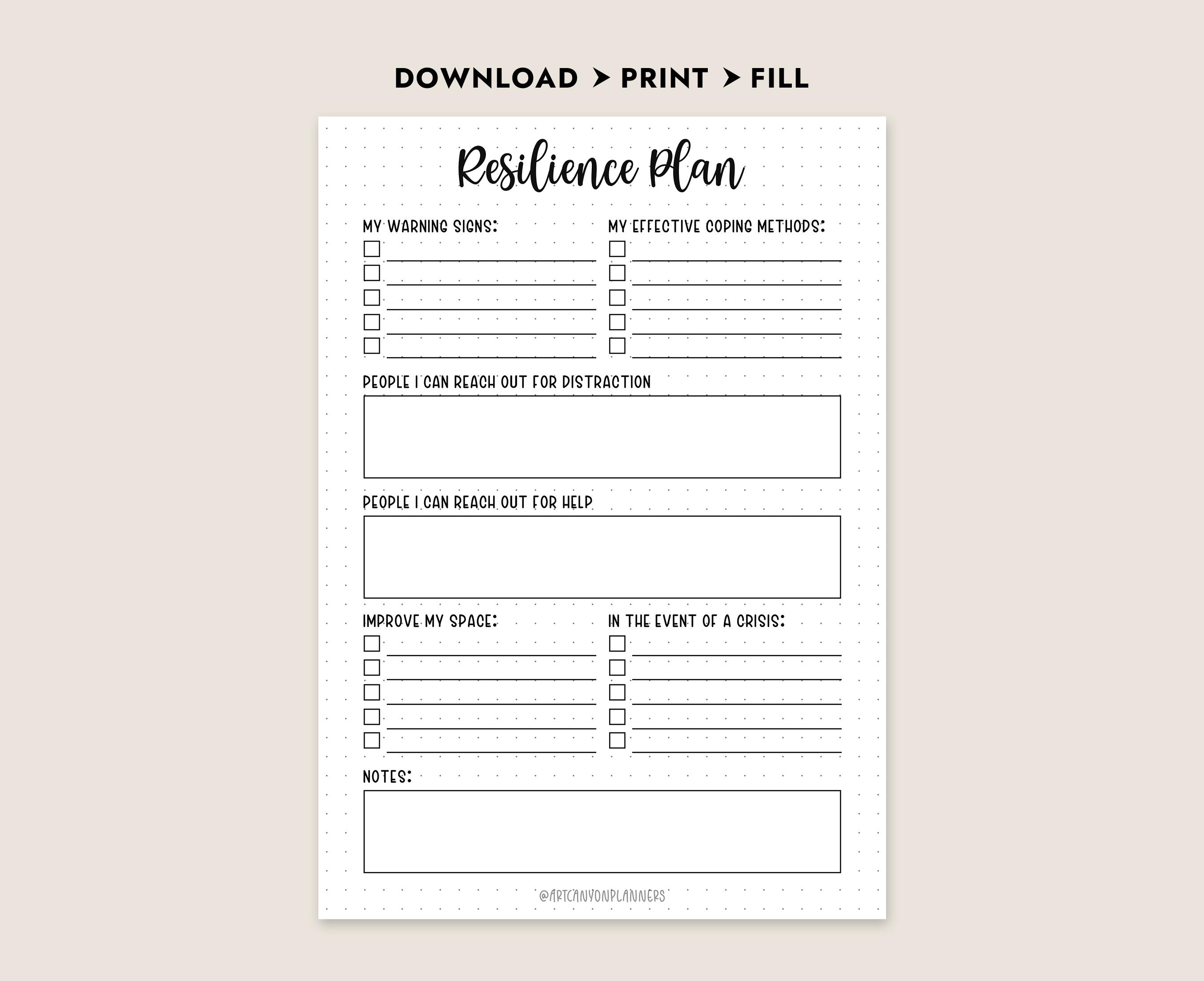Resilience Plan Printable Mental Health Worksheet Self Care Planner ...