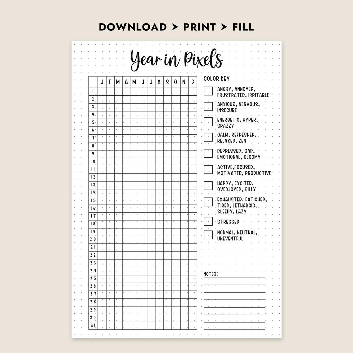 Year in Pixels Planner Page Printable Journal Page Daily Mod Tracker ...