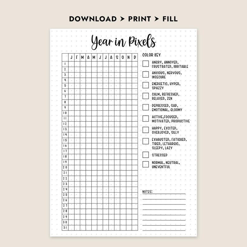 Year in Pixels Planner Page Printable Journal Page Daily Mod Tracker ...