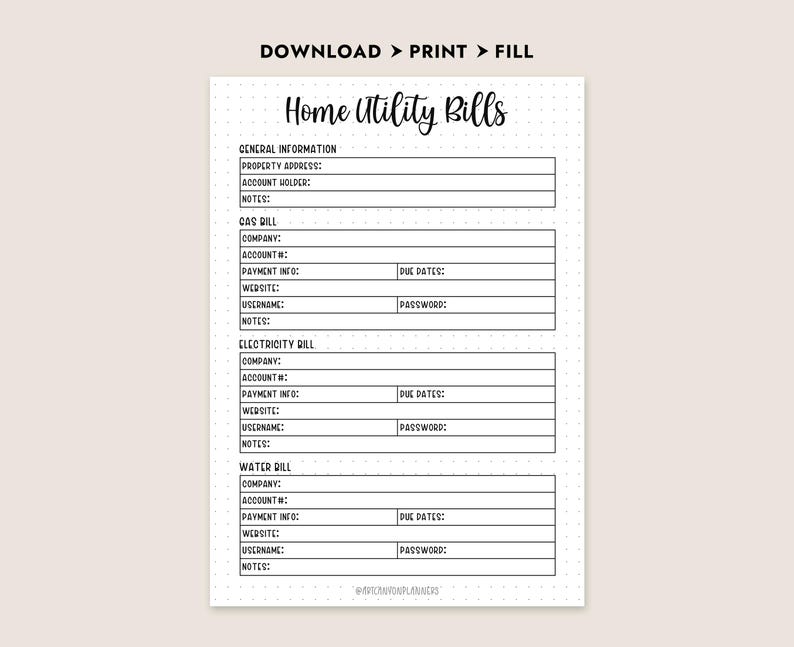 Home Utility Bill Tracker Printable Bill Organizer Planner Insert A4 A5 ...
