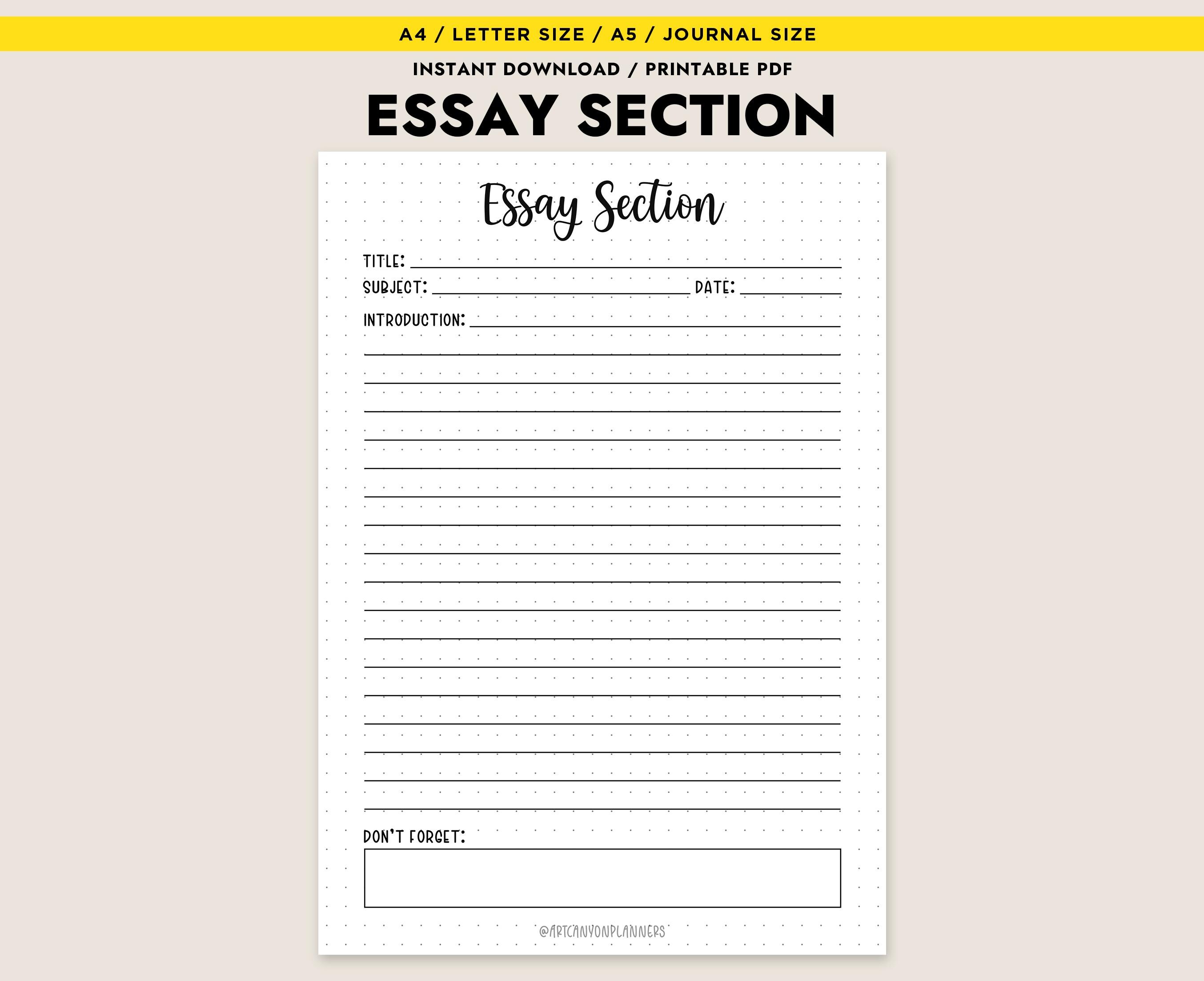 Essay Section Planner Printable A4 A5 Letter Journal Size Instant ...