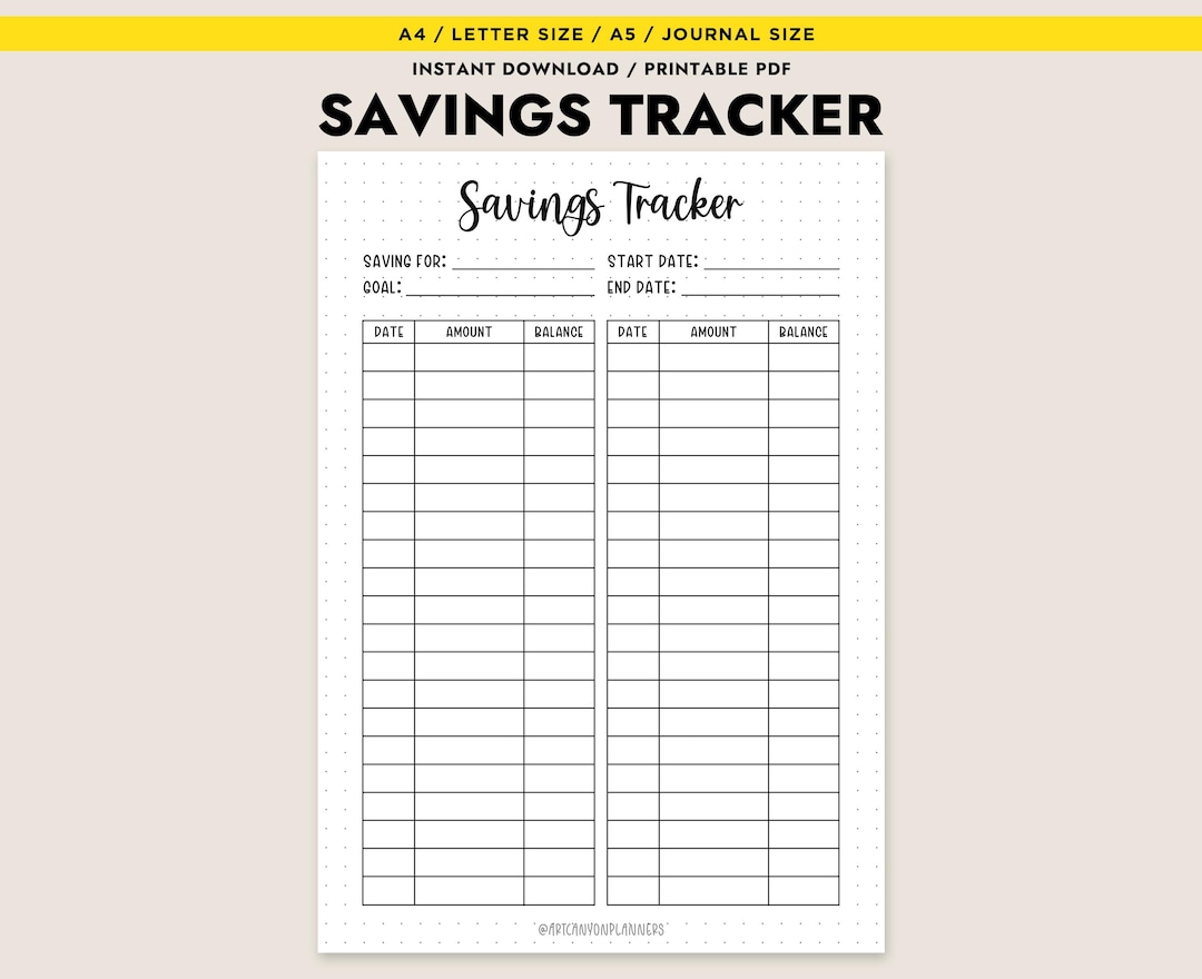 Savings Tracker Printable A4 Letter A5 Journal Size Instant Download