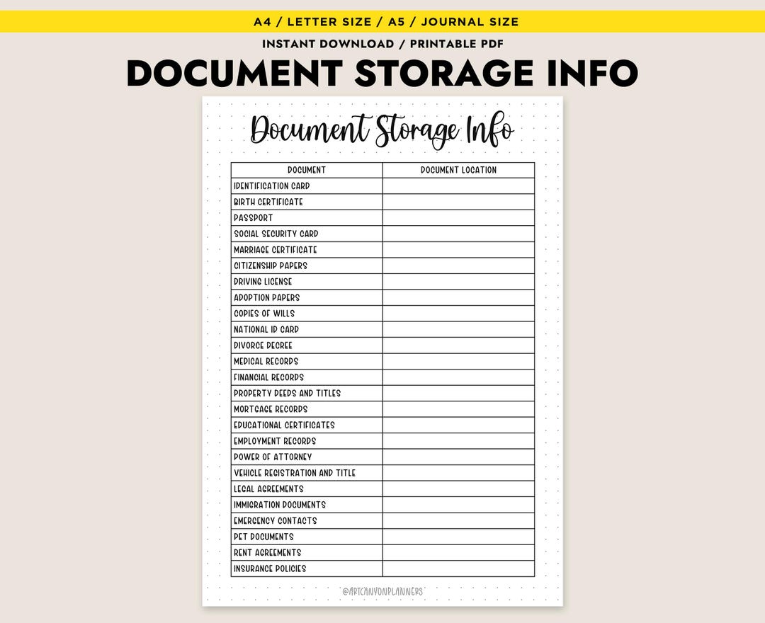 Document Storage Info Printable Important Document Organizer Life ...