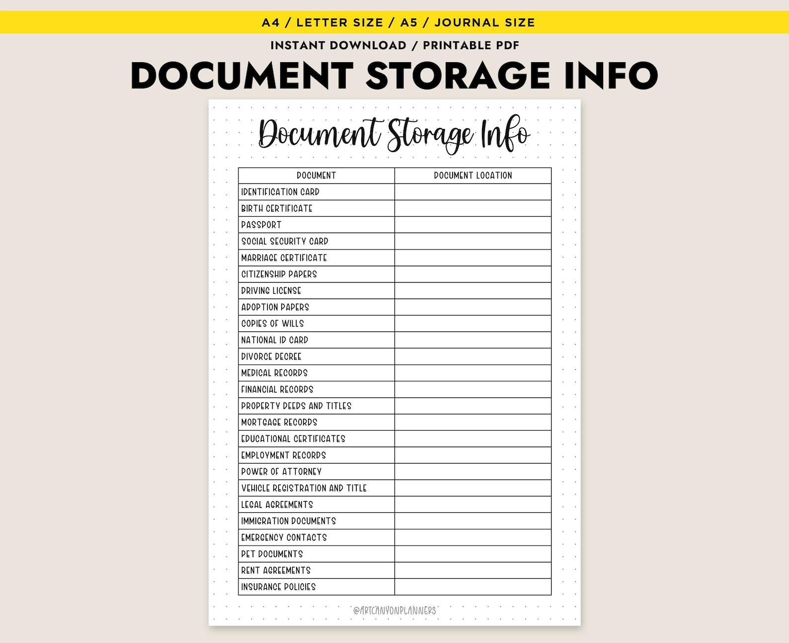 Document Storage Info Printable Important Document Organizer Life ...