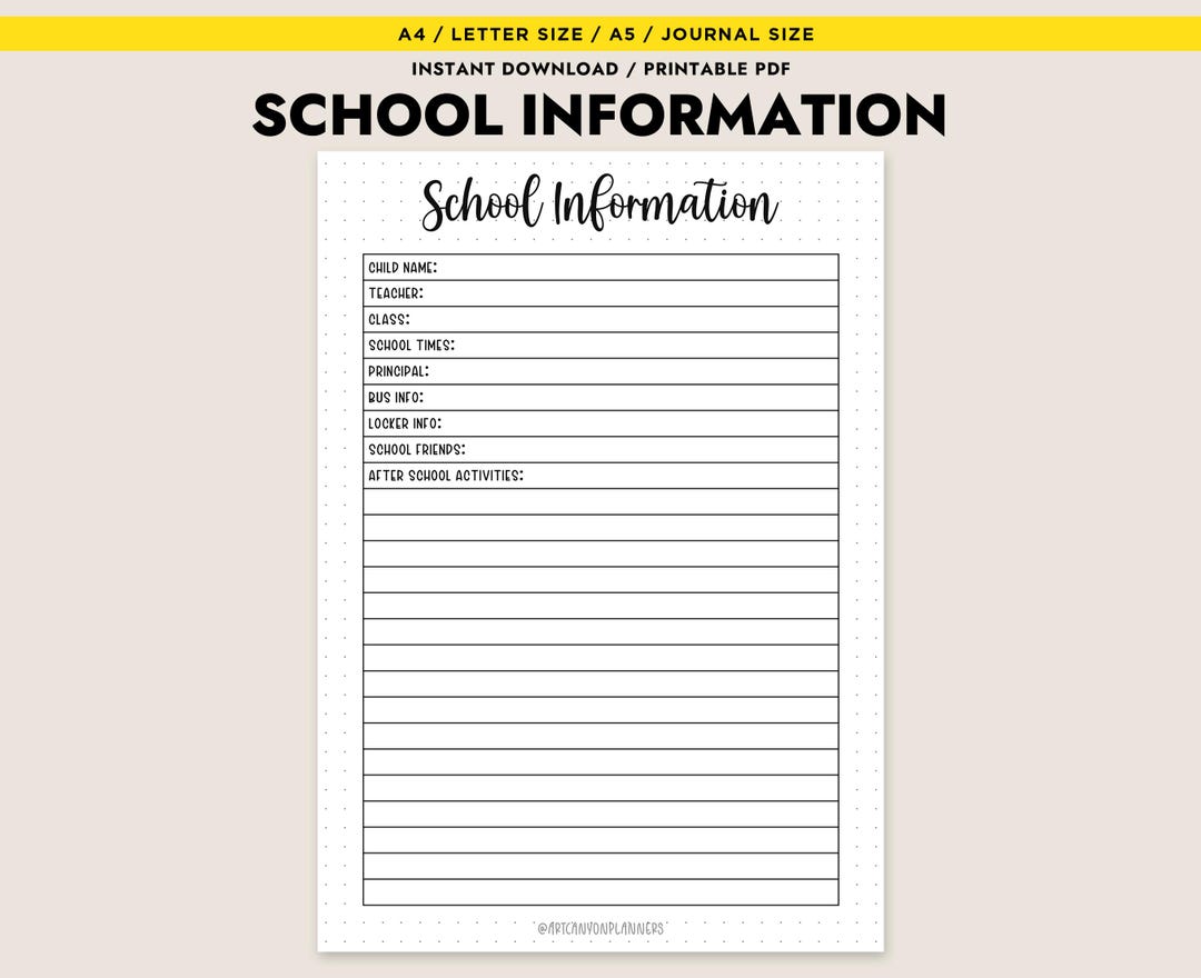 Printable School Information Sheet Student Planner Page Back to School ...