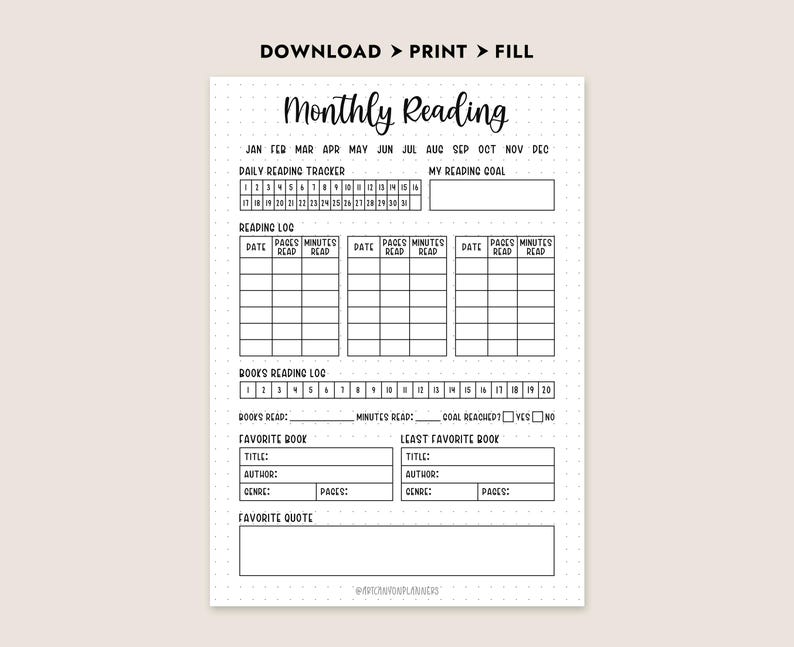 Monthly Reading Log Printable Book Tracker PDF A4 A5 Letter Bullet ...