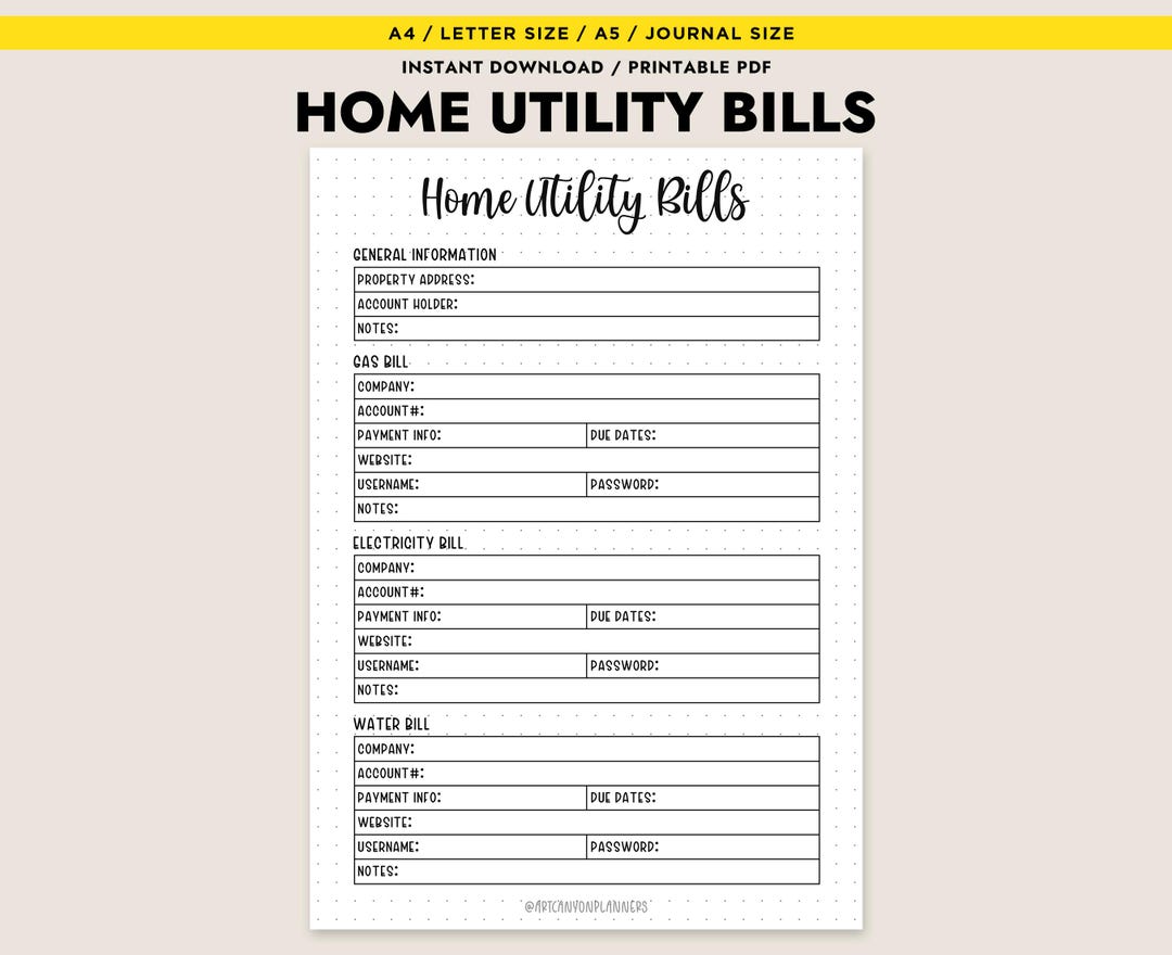 Home Utility Bill Tracker Printable Bill Organizer Planner Insert A4 A5 ...