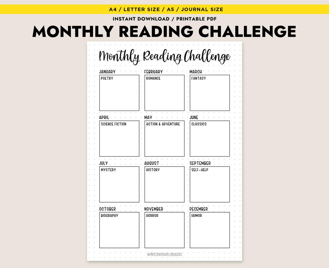 Monthly Reading Challenge Printable Book Journal Page Reading Tracker ...