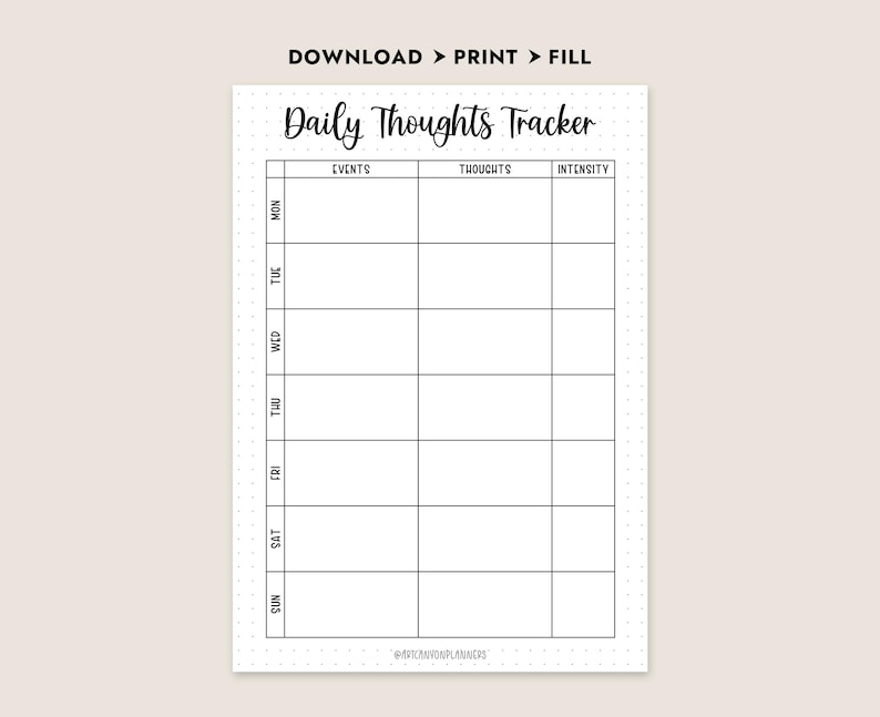 Daily Thoughts Tracker Printable Weekly Log CBT Journal Page A4 A5 ...