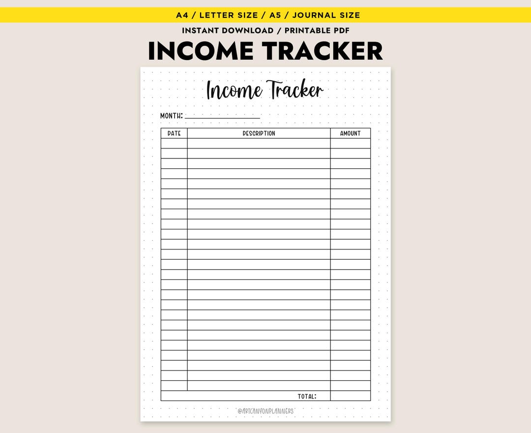 Monthly Income Tracker Printable Earnings Log PDF Finance Planner ...