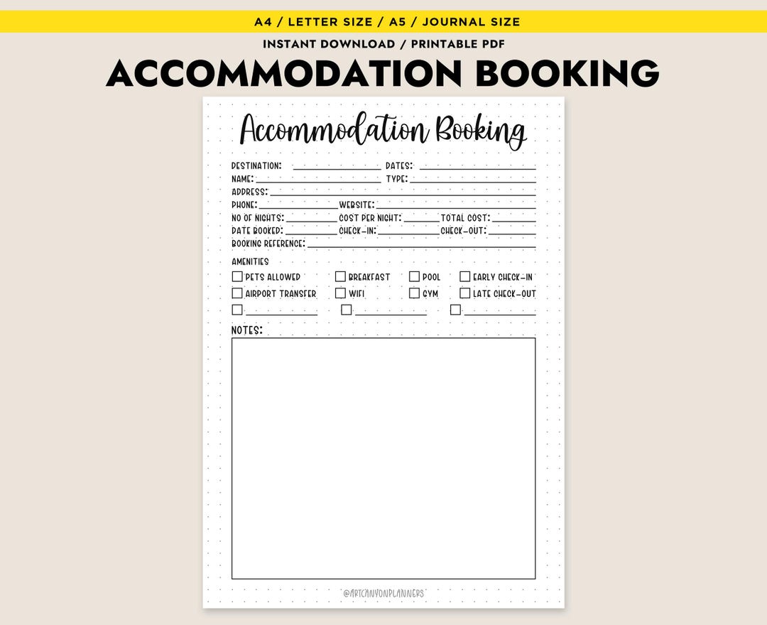 Accommodation Booking Printable Planner Insert Travel Log Tracker ...