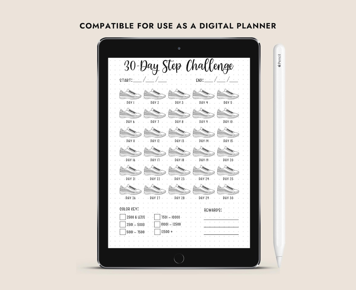 30 Day Step Challenge Tracker Printable Journal Page Planner Exercise ...