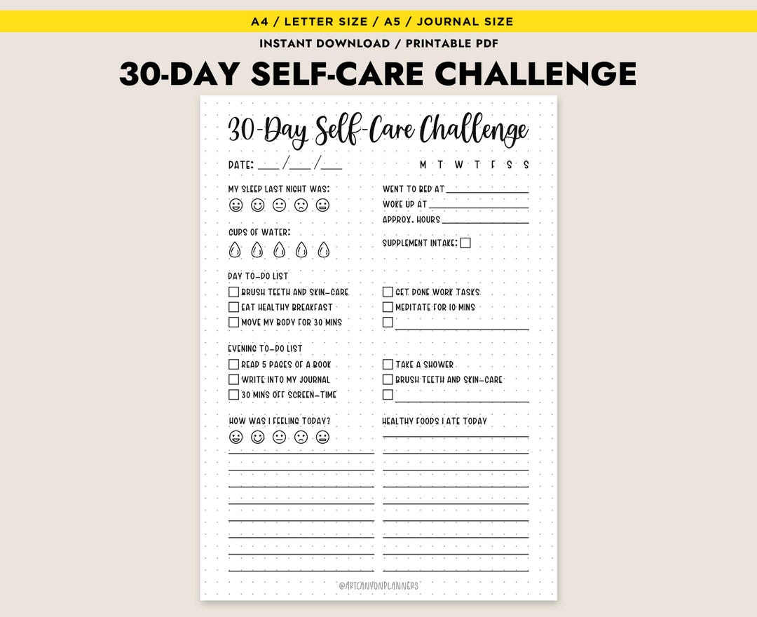 30 Day Self Care Challenge Printable Daily Wellness Tracker Planner A4 ...