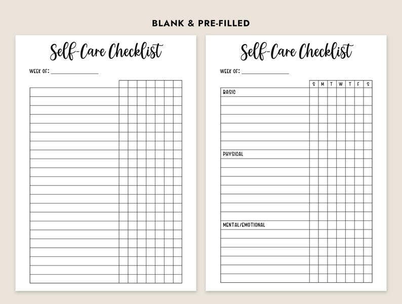 Weekly Self Care Checklist Printable Journal Page Health Tracker Water ...