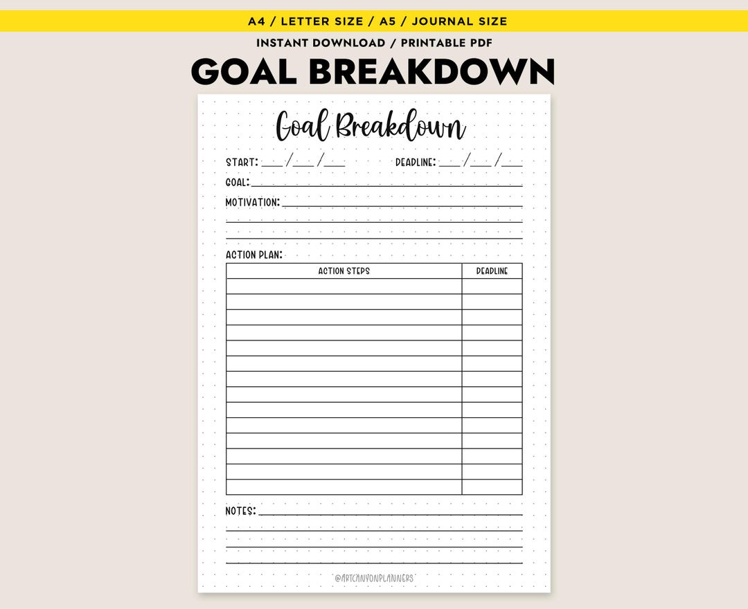 Goal Breakdown Planner Printable PDF A4 A5 Letter Action Plan Template ...