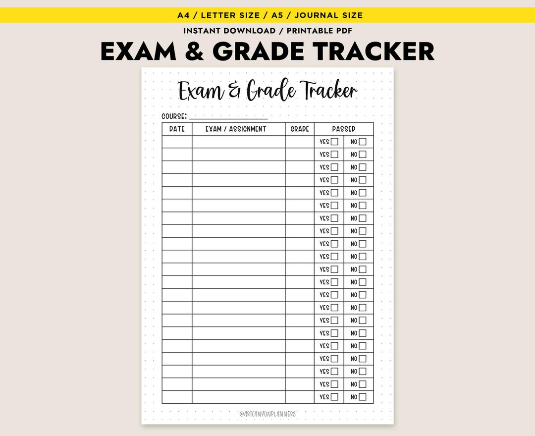 Exam Grade Tracker Printable Student Planner Page Academic Score Log A4 ...